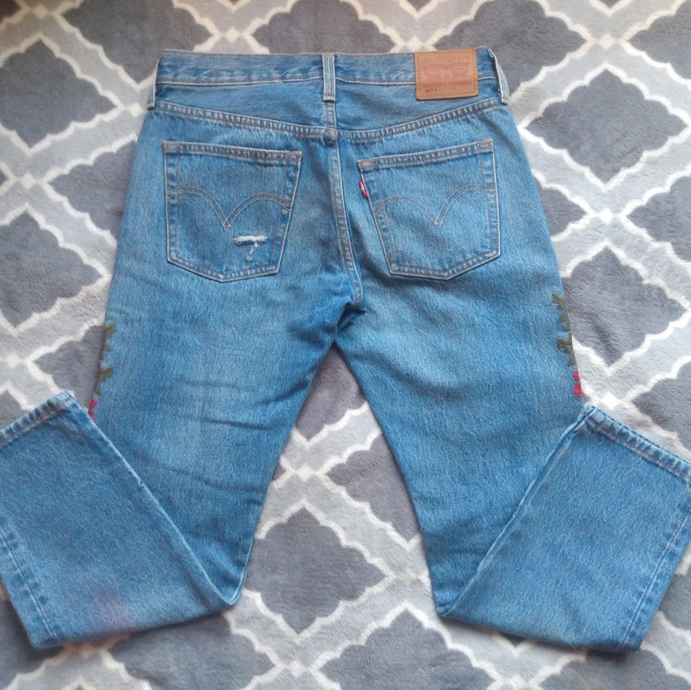 Levi 501 Torn & Tattered Red Rose Jeans - Gem